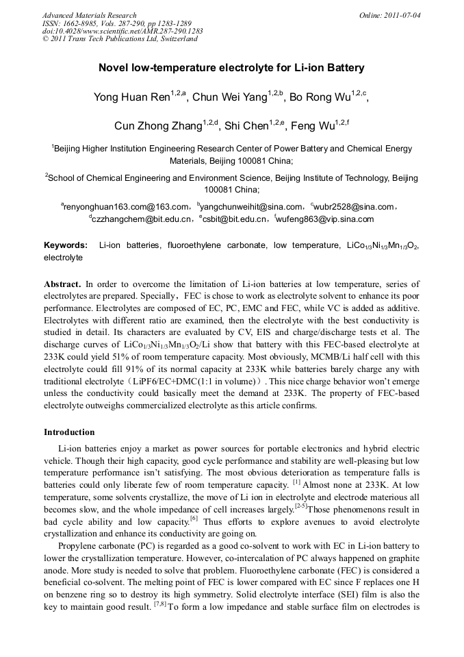 Novel Low-Temperature Electrolyte for Li-Ion Battery | Scientific.Net