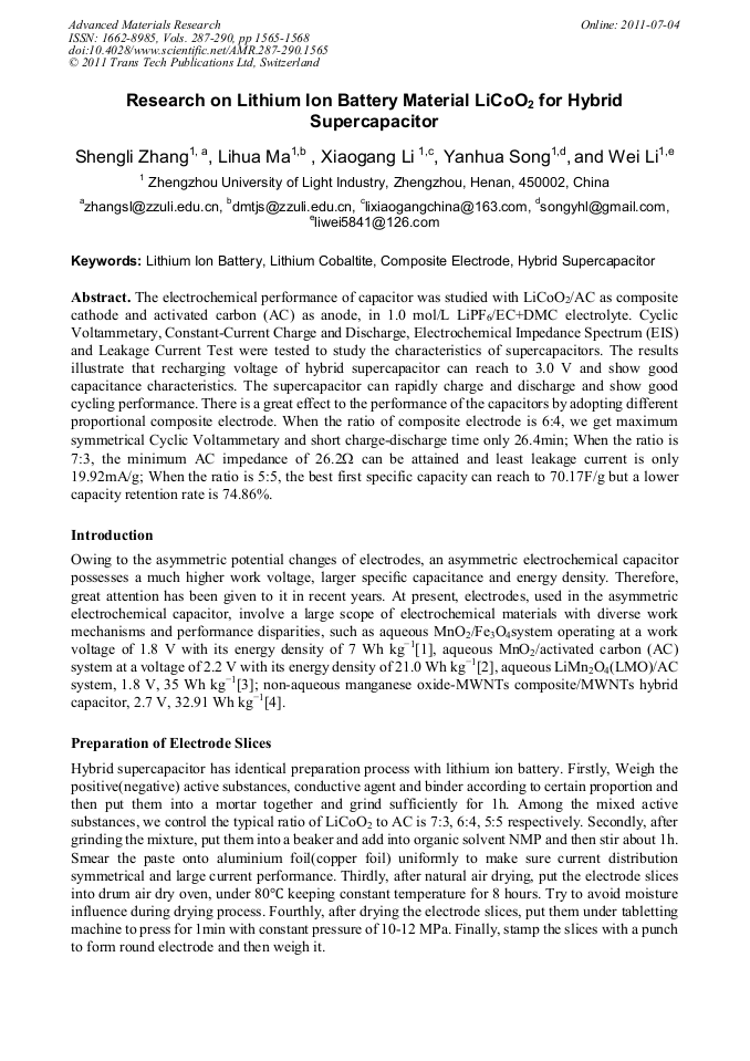 Research on Lithium Ion Battery Material LiCoO2 for Hybrid ...