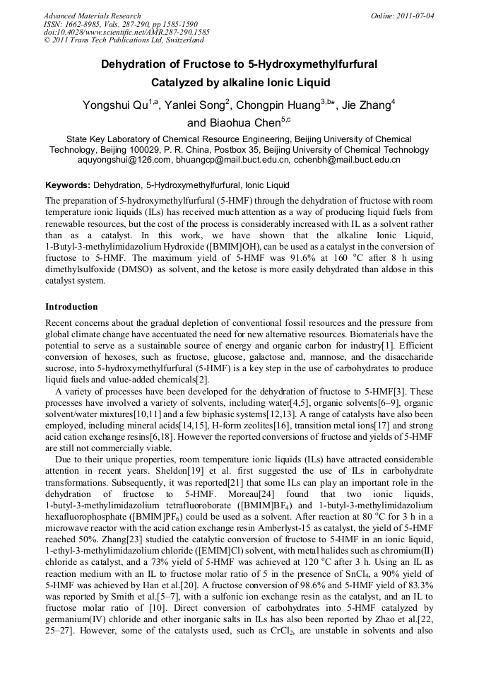 Dehydration of Fructose to 5-Hydroxymethylfurfural Catalyzed by ...