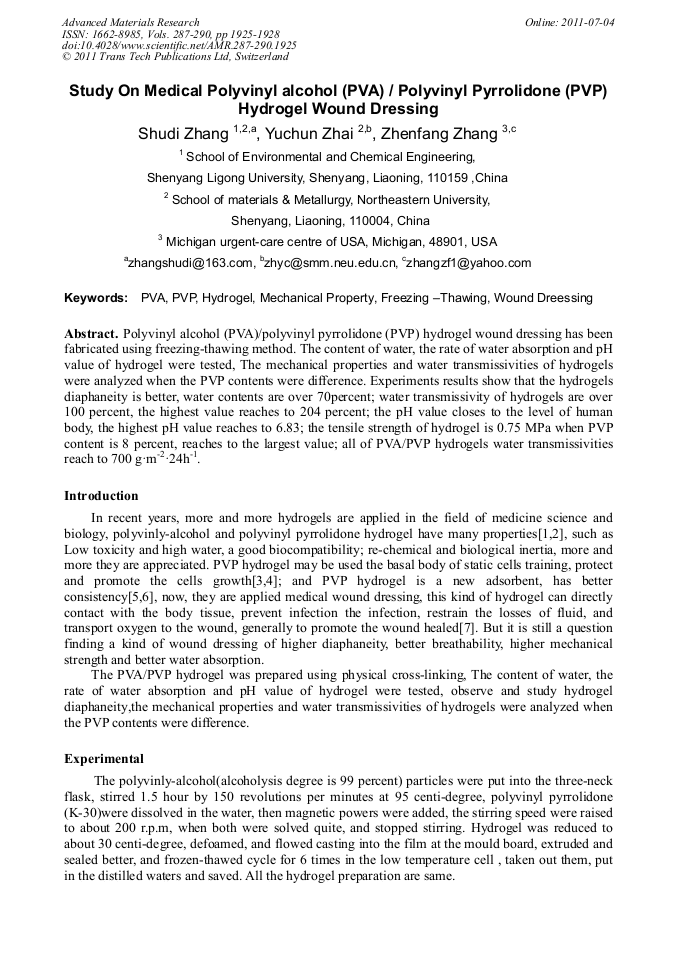 Study on Medical Polyvinyl Alcohol (PVA) / Polyvinyl Pyrrolidone (PVP ...