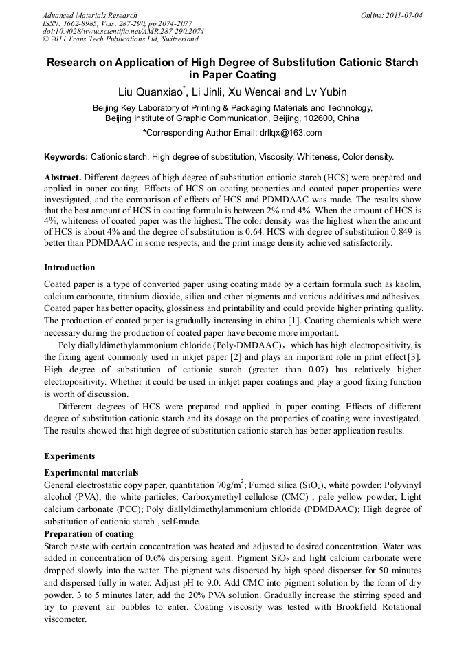 Research on Application of High Degree of Substitution Cationic Starch ...