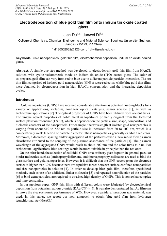 Electrodeposition of Blue Gold Thin Film onto Indium Tin Oxide Coated ...