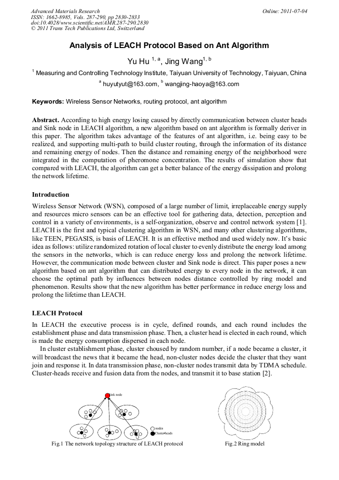 Analysis of LEACH Protocol Based on Ant Algorithm | Scientific.Net