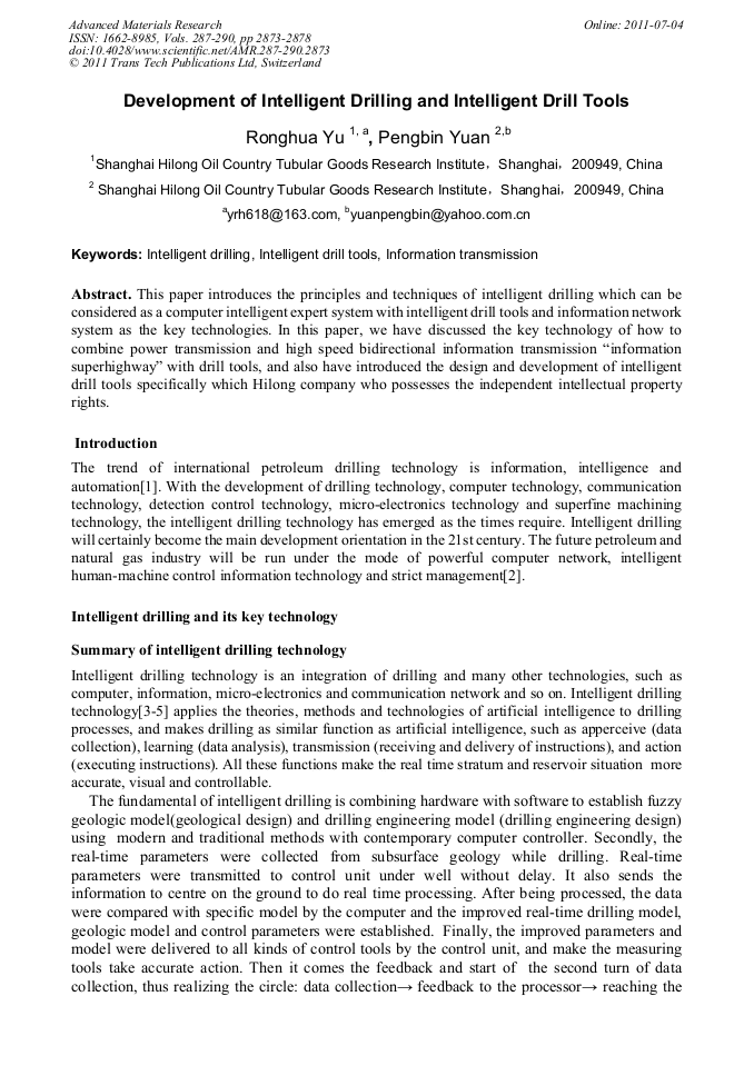 Development of Intelligent Drilling and Intelligent Drill Tools ...