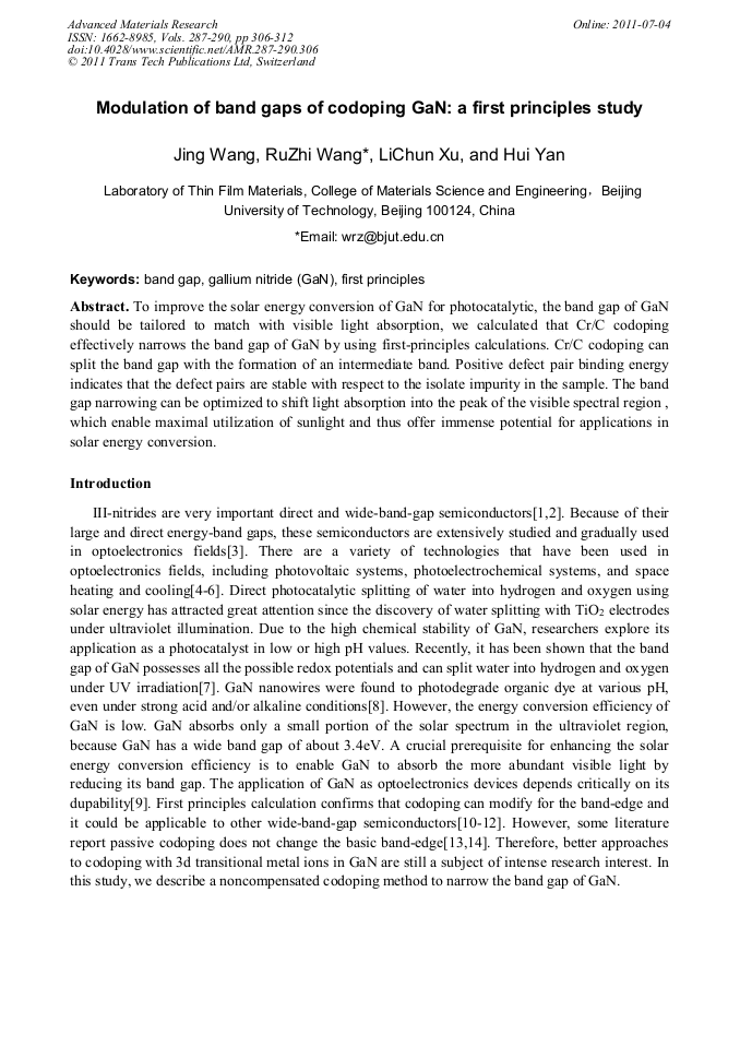 Modulation of Band Gaps of Codoping GaN: A First Principles Study ...