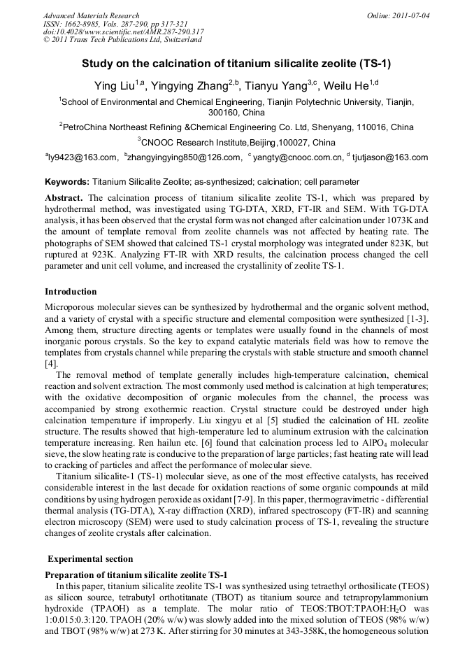 Study on the Calcination of Titanium Silicalite Zeolite (TS-1 ...