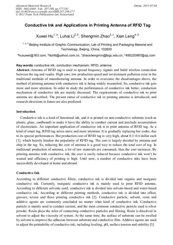 Conductive Ink and Applications in Printing Antenna of RFID Tag ...