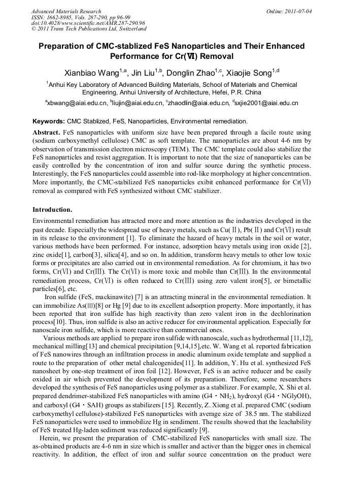 Preparation of CMC-Stabilized FeS Nanoparticles and their Enhanced ...