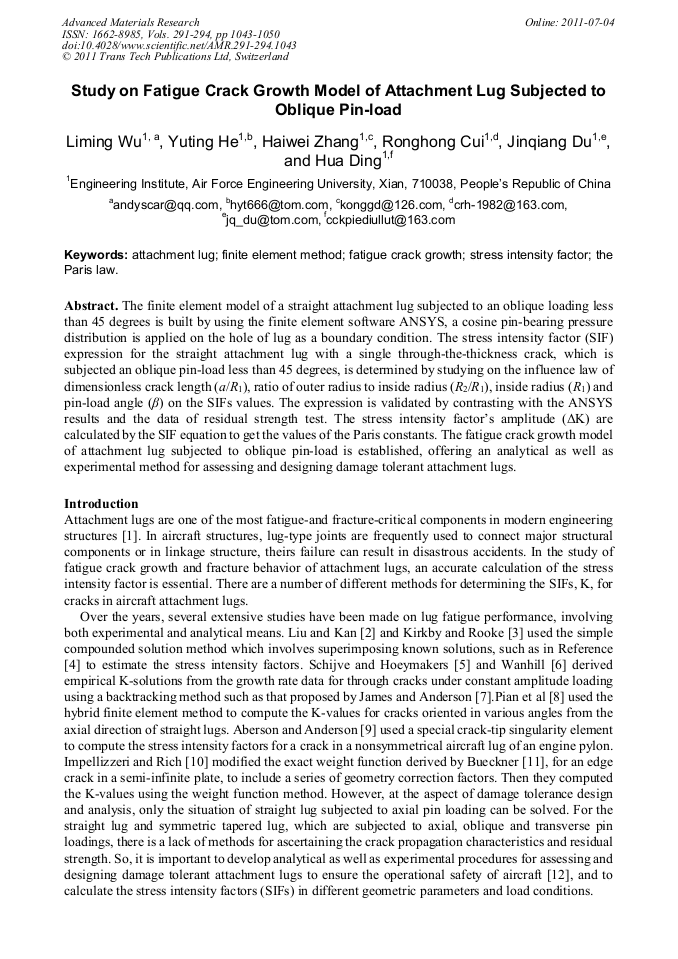 Study on Fatigue Crack Growth Model of Attachment Lug Subjected to ...