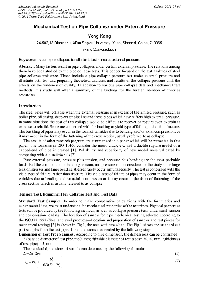 Mechanical Test on Pipe Collapse under External Pressure | Scientific.Net