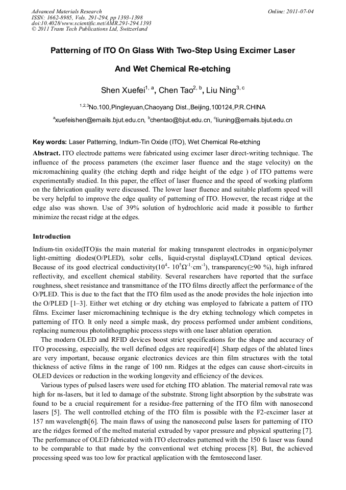 Patterning of ITO on Glass with Two-Step Using Excimer Laser and Wet ...