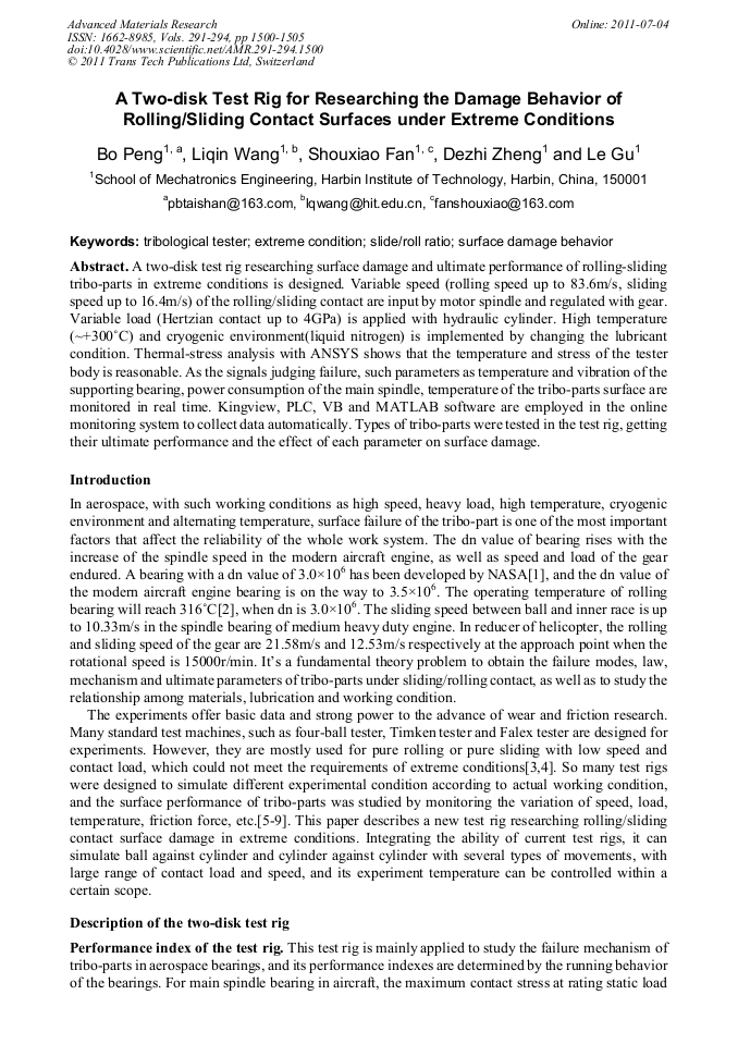 A Two-Disk Test Rig for Researching the Damage Behavior of Rolling ...