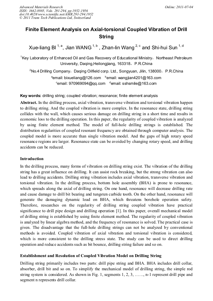 Finite Element Analysis on Axial-Torsional Coupled Vibration of Drill String | Scientific.Net