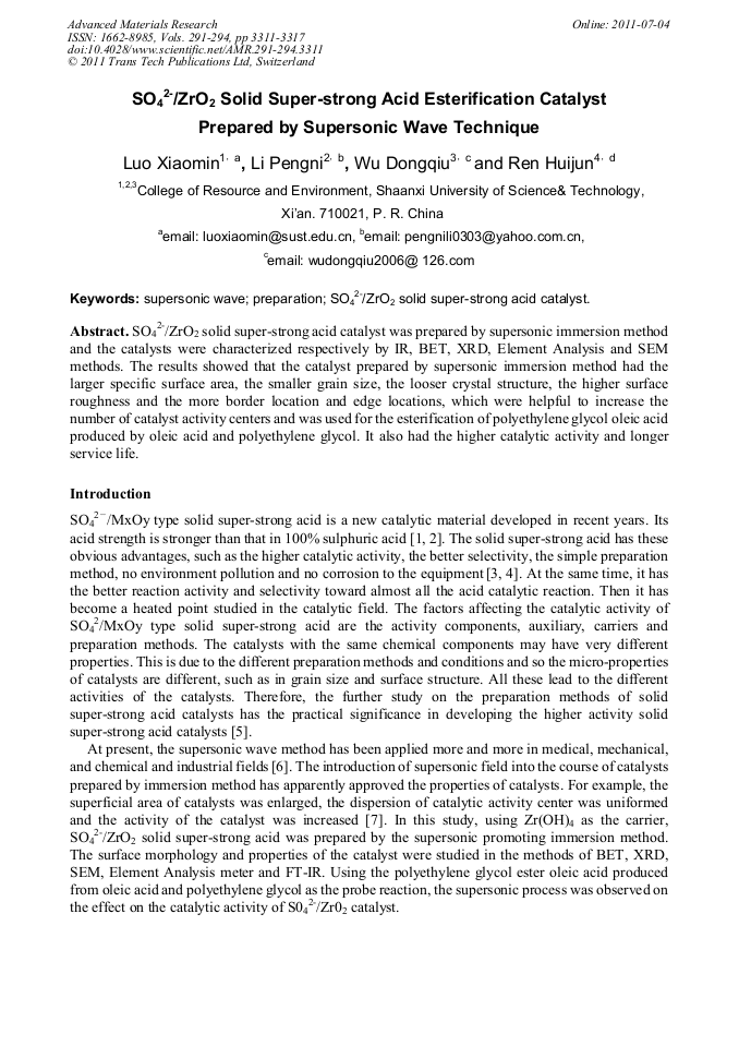 So42- /ZrO2 Solid Super-Strong Acid Esterification Catalyst Prepared by ...