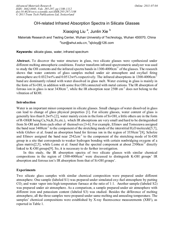 OH-related Infrared Absorption Spectra in Silicate Glasses | Scientific.Net