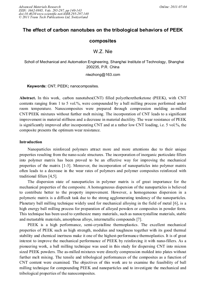 The Effect of Carbon Nanotubes on the Tribological Behaviors of PEEK ...
