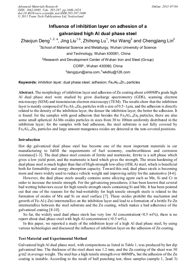 Influence of Inhibition Layer on Adhesion of a Galvanized High Al Dual ...