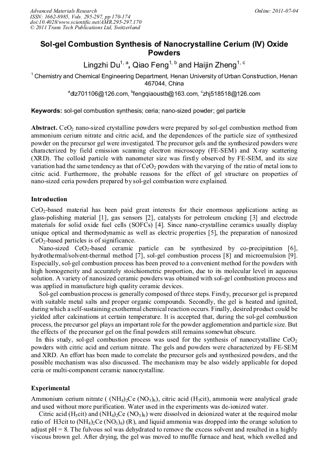 Sol-Gel Combustion Synthesis of Nanocrystalline Cerium (IV) Oxide ...