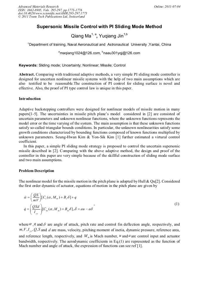 Supersonic Missile Control with PI Sliding Mode Method | Scientific.Net