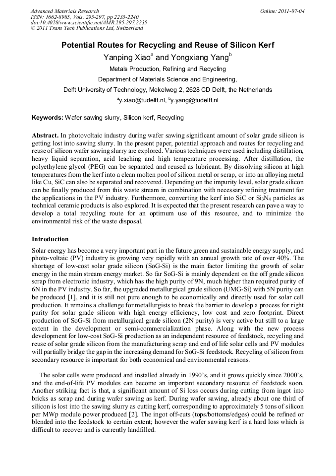 Potential Routes for Recycling and Reuse of Silicon Kerf | Scientific.Net