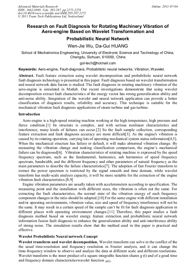 Research on Fault Diagnosis for Rotating Machinery Vibration of Aero-Engine Based on Wavelet ...