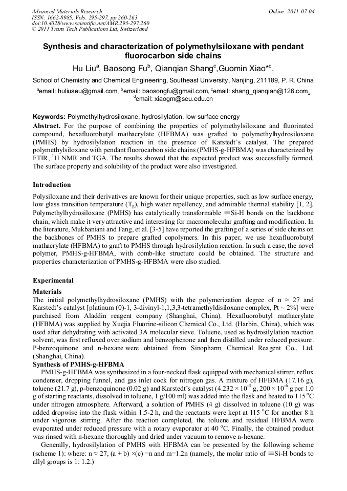Synthesis and Characterization of Polymethylsiloxane with Pendant ...