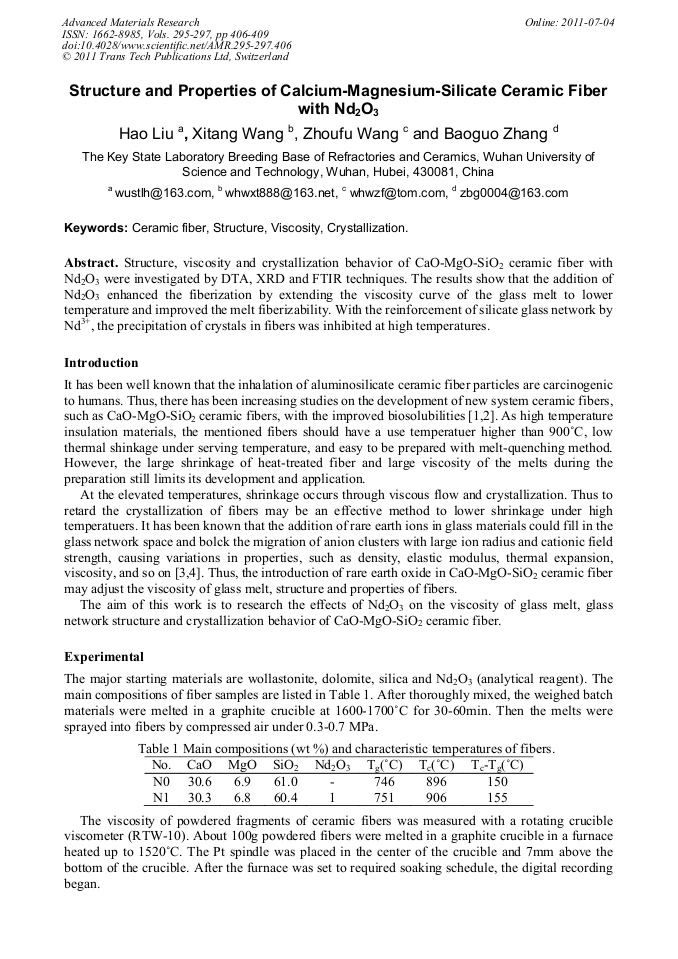 Structure and Properties of Calcium-Magnesium-Silicate Ceramic Fiber ...