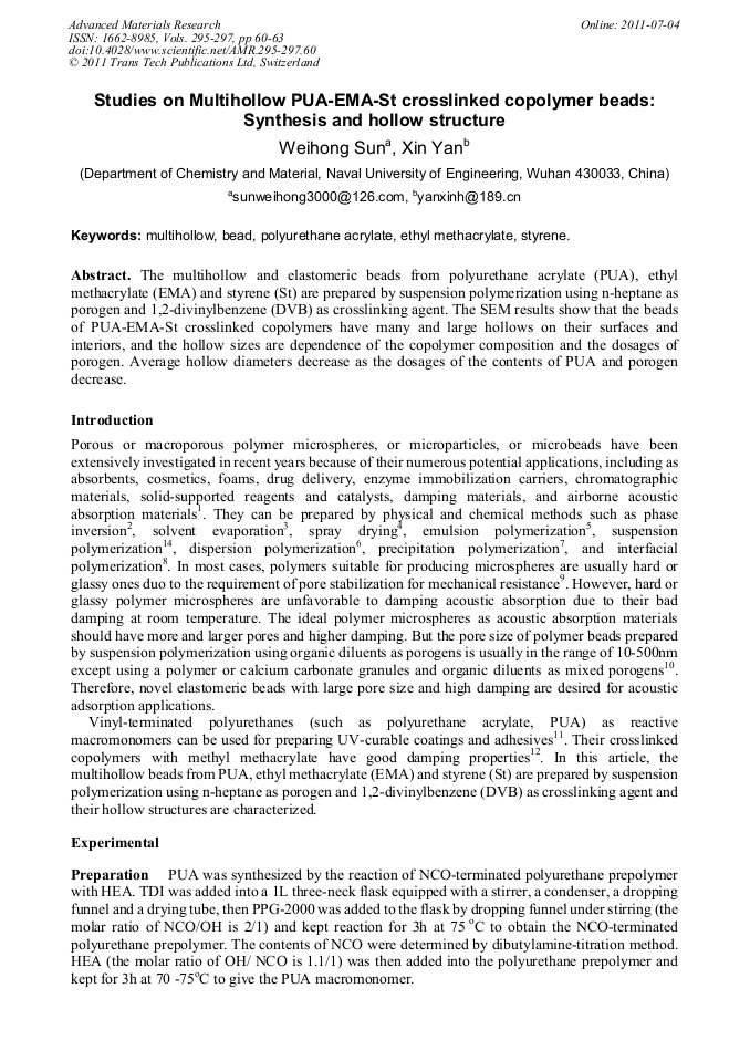 Studies on Multihollow PUA-EMA-St Crosslinked Copolymer Beads ...