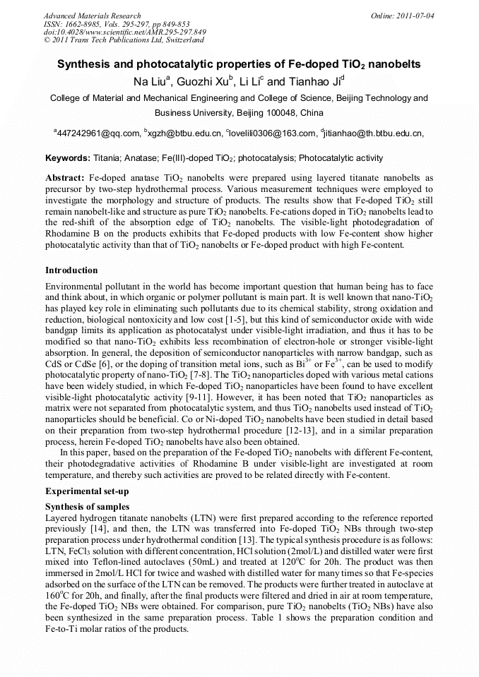 Synthesis and Photocatalytic Properties of Fe-Doped TiO2 Nanobelts ...