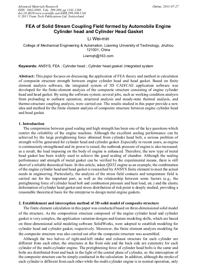 FEA of Solid Stream Coupling Field Formed by Automobile Engine Cylinder ...