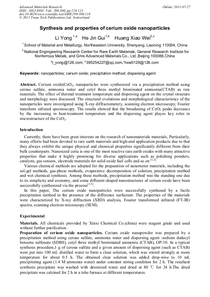 Synthesis and Properties of Cerium Oxide Nanoparticles | Scientific.Net