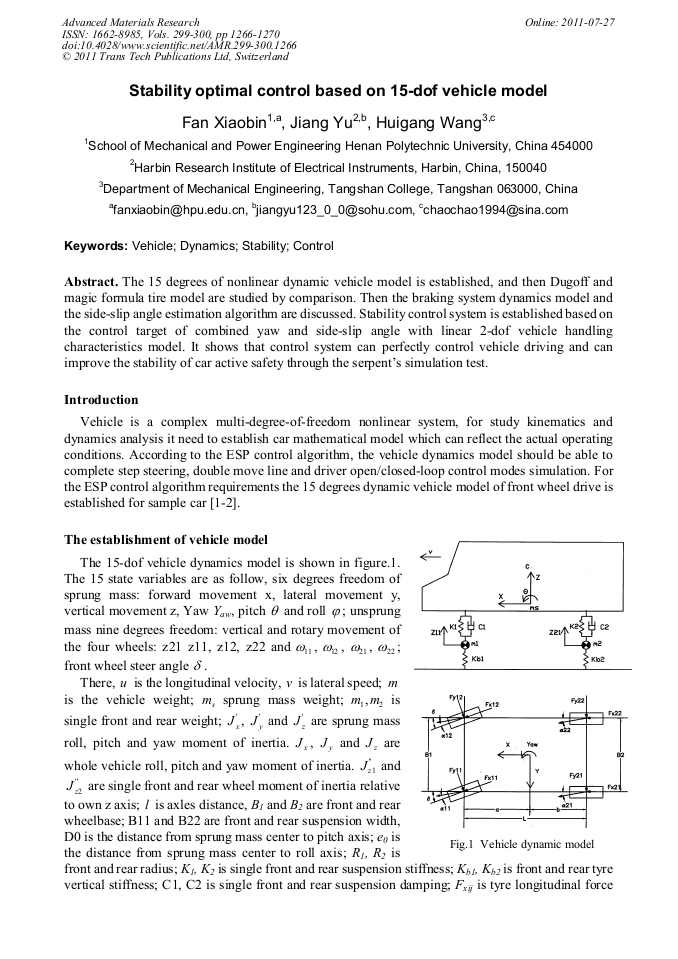Stability Optimal Control Based on 15-Dof Vehicle Model | Scientific.Net