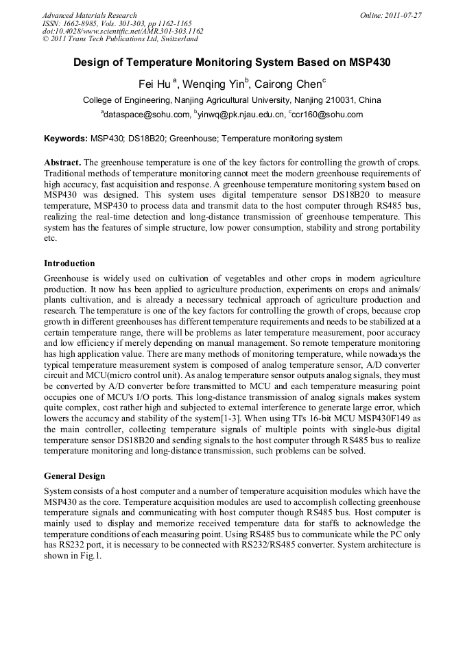 Design of Temperature Monitoring System Based on MSP430 | Scientific.Net