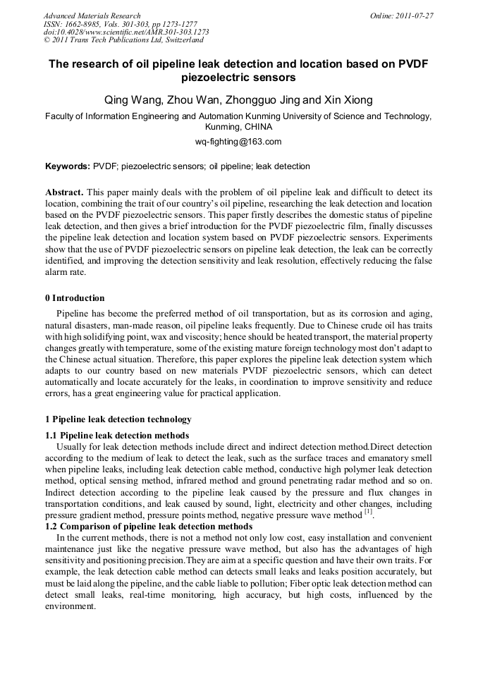 The Research of Oil Pipeline Leak Detection and Location Based on PVDF Piezoelectric Sensors ...