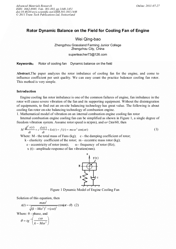 Rotor Dynamic Balance on the Field for Cooling Fan of Engine ...