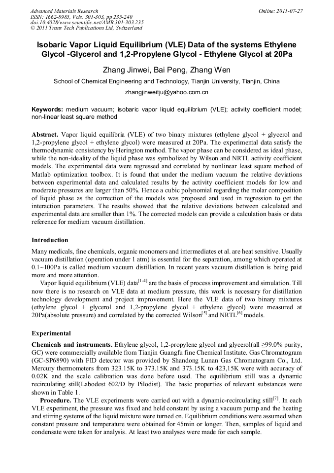 Isobaric Vapor Liquid Equilibrium (VLE) Data of the Systems Ethylene ...