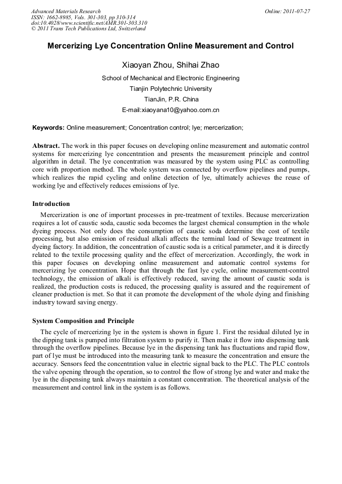 Mercerizing Lye Concentration Online Measurement and Control ...
