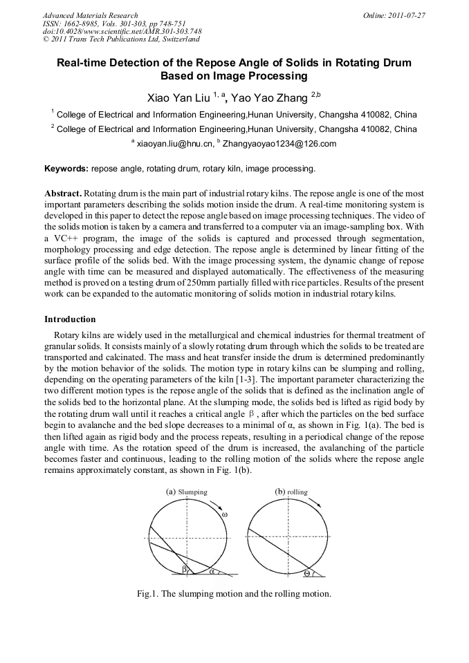 Real-Time Detection of the Repose Angle of Solids in Rotating Drum ...