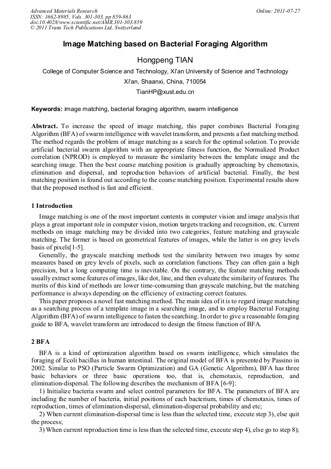 Image Matching Based on Bacterial Foraging Algorithm | Scientific.Net