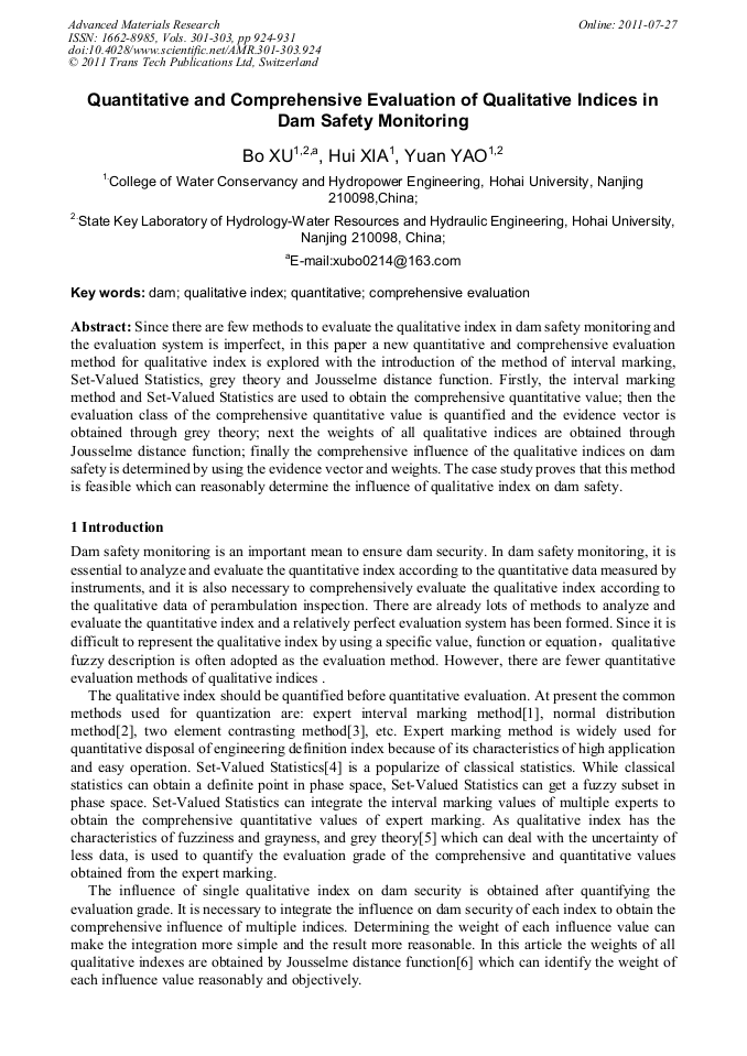 Quantitative and Comprehensive Evaluation of Qualitative Indices in Dam ...
