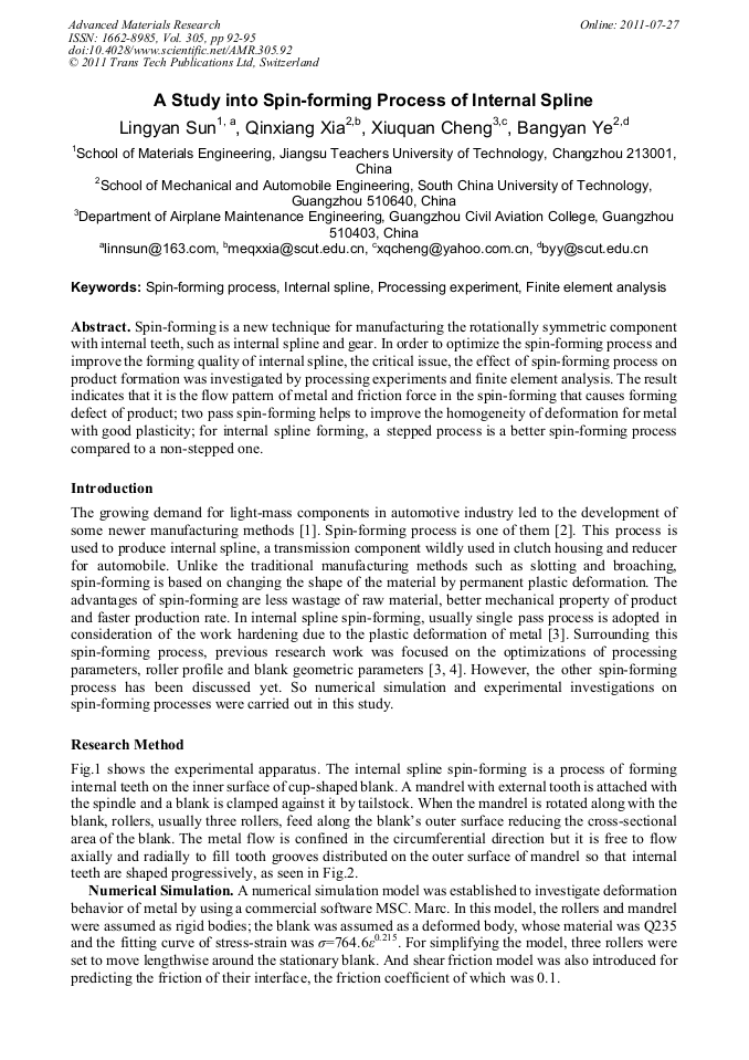 A Study into Spin-Forming Process of Internal Spline | Scientific.Net
