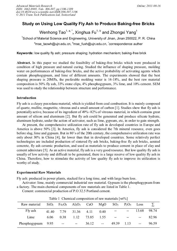 Study on Using Low Quality Fly Ash to Produce Baking-Free Bricks ...