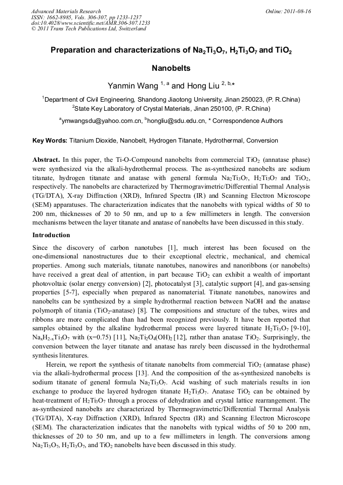 Preparation and Characterizations of Na2Ti3O7, H2Ti3O7 and TiO2 ...