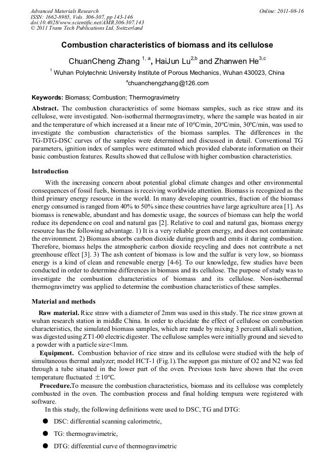 Combustion Characteristics of Biomass and its Cellulose | Scientific.Net