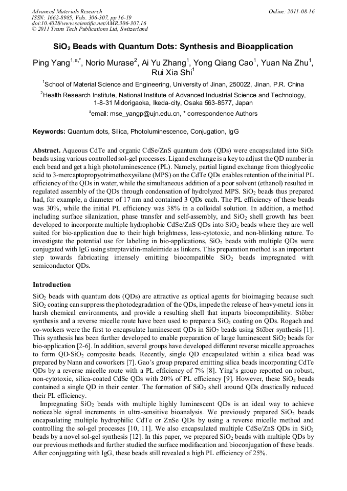 SiO2 Beads with Quantum Dots: Synthesis and Bioapplication | Scientific.Net