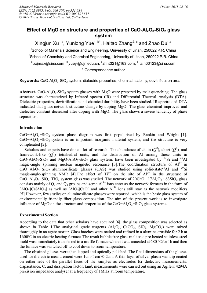 Effect of MgO on Structure and Properties of CaO-Al2O3-SiO2 Glass ...