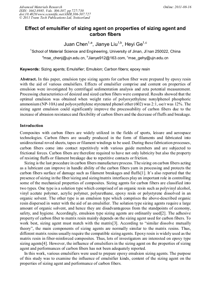Effect of Emulsifier of Sizing Agent on Properties of Sizing Agent and ...