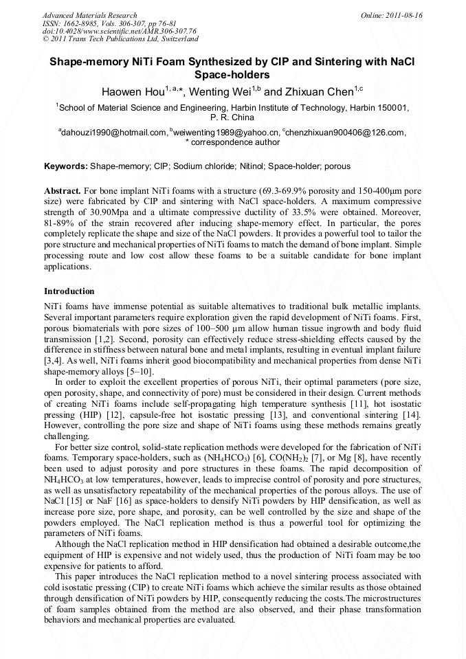 Shape-Memory NiTi Foam Synthesized by CIP and Sintering with NaCl Space ...