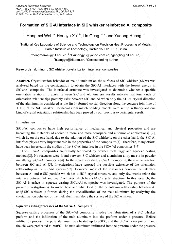 Formation of SiC-Al Interface in SiC Whisker Reinforced Al Composite ...