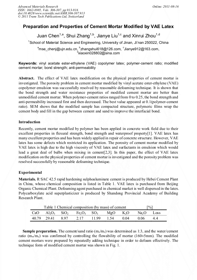 Preparation and Properties of Cement Mortar Modified by VAE Latex ...